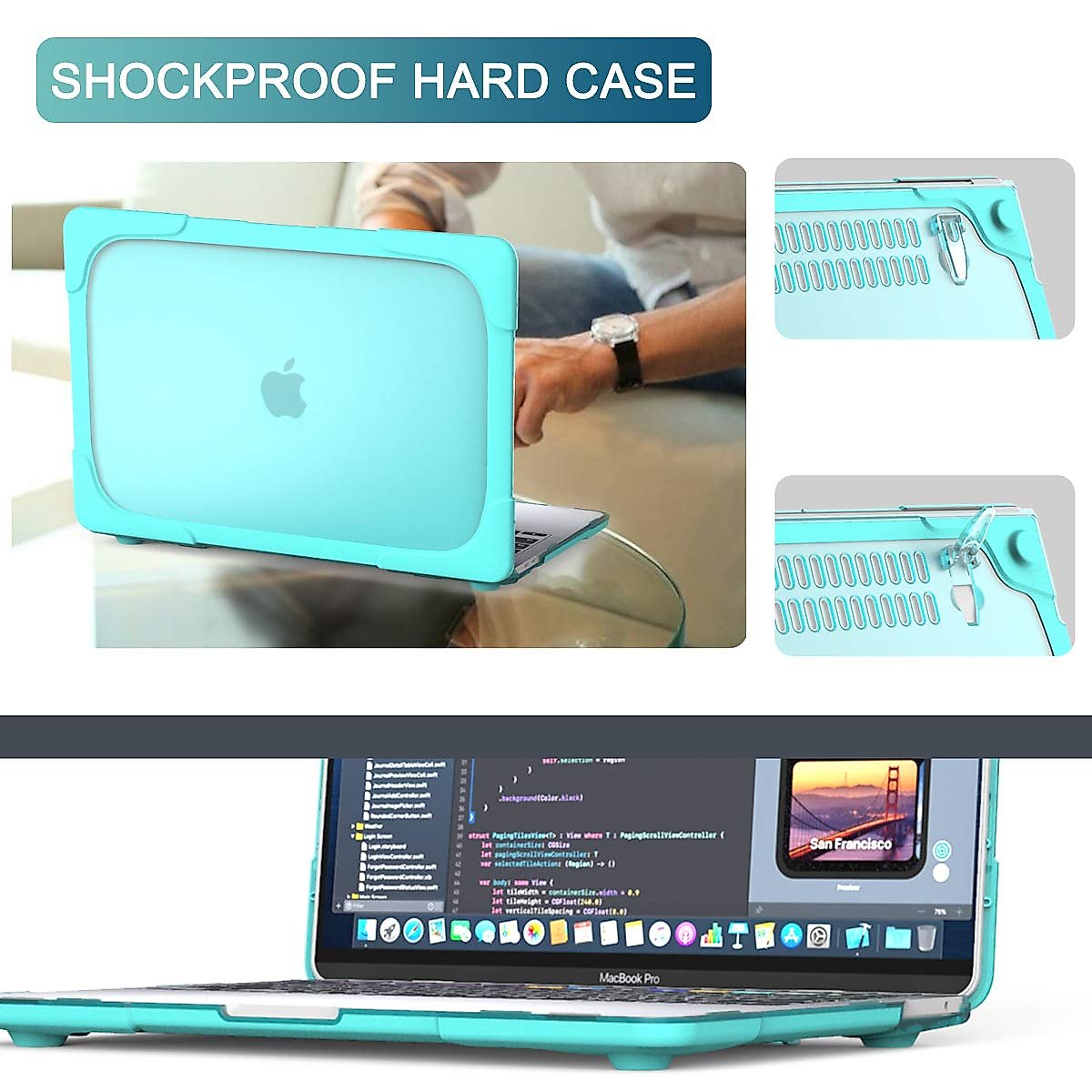 Batianda Heavy Duty Case for MacBook Air 13 inch 2020 A2179 A1932 A2337 M1 Chip with Touch ID, Hard Shell Cover with Foldable Kickstand Shockproof Function and Keyboard Cover, Cyan