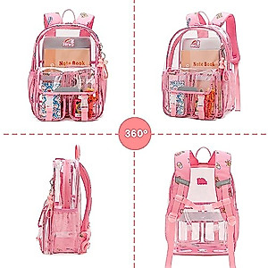 HTWO Clear Backpack for Girls Stadium Approved, PVC Backpacks Suitable for Elementary School, passed CPSC and With Pendant. (Pink)