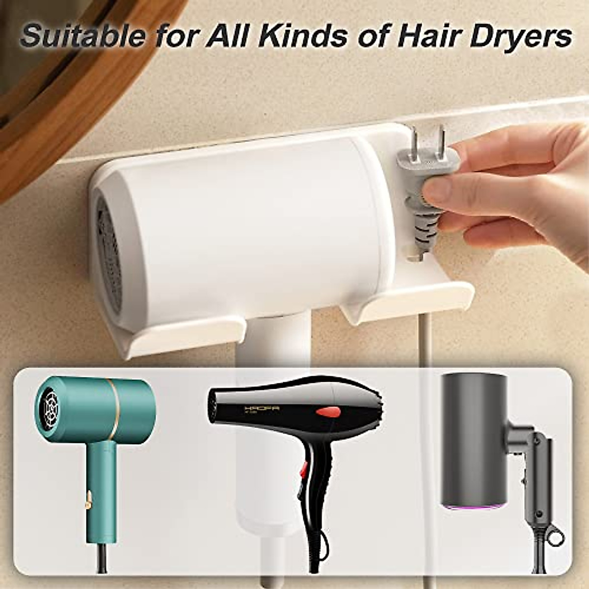 Hair Dryer Holder Wall Mounted - Self Adhesive Wall Hanging Hair Tool Organizer Wall Shelf for Blow Dryer Holder Rack Bathroom Vanity (White)