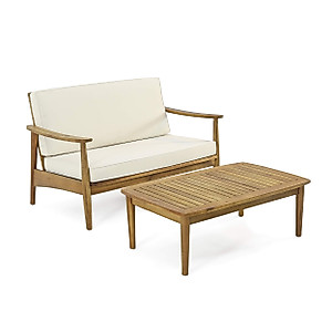 Christopher Knight Home Felix Outdoor Acacia Wood Loveseat Set with Coffee Table, Teak Finish, Beige
