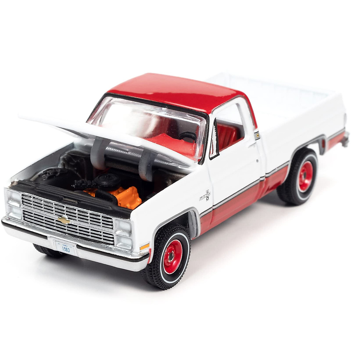 1983 Chevy Silverado 10 Fleetside Pickup Truck White & Carmine Red w/Red Interior Ltd Ed 17120 pcs 1/64 Diecast Model Car by Autoworld 64322-AWSP074 B
