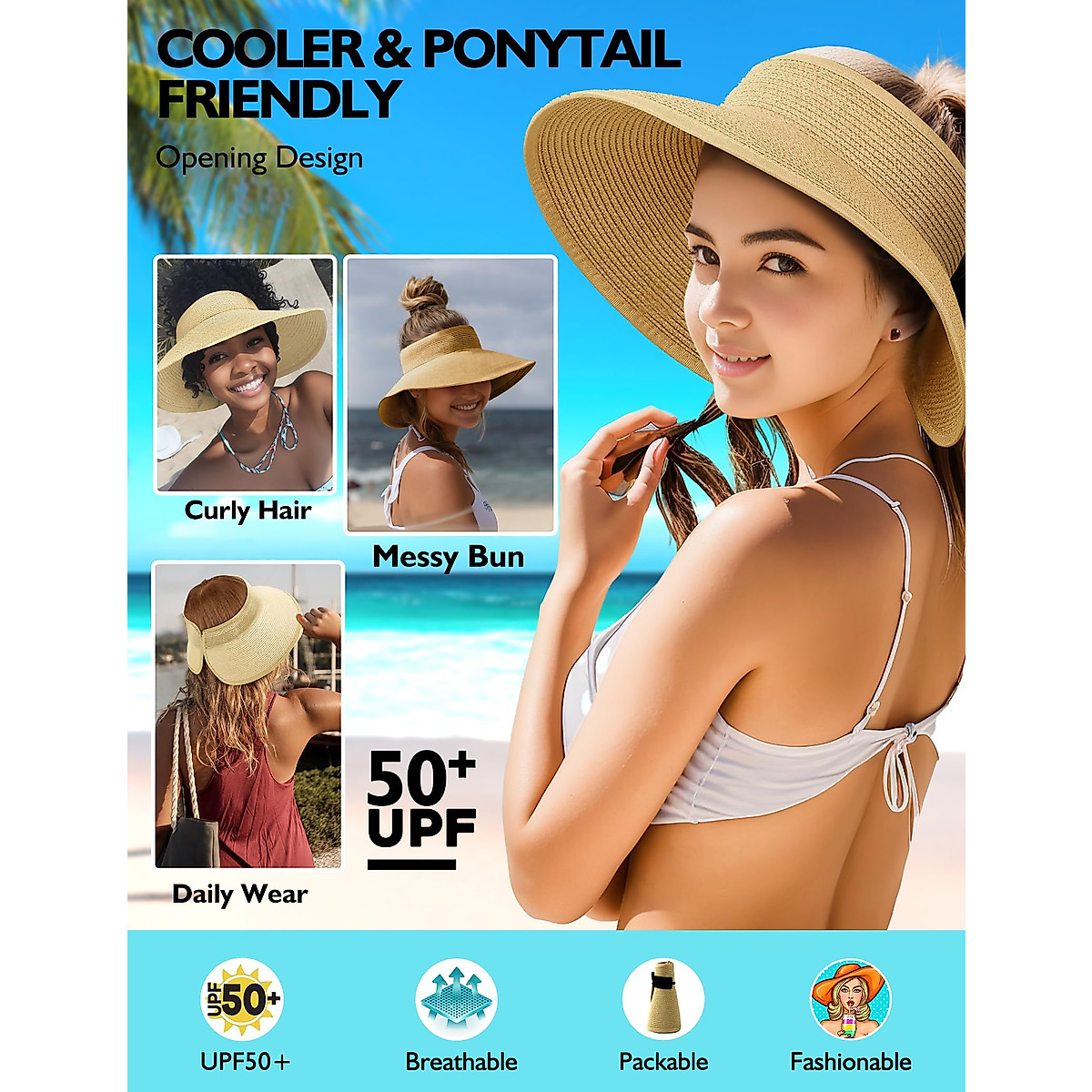 Straw Sun Visor Hats for Women, Pakcable Roll-Up Wide Brim Ponytail Summer Beach Hat, Straw Hats for Women UV Protection, Beach Hats for Women for Girls Holiday Summer Vacation Travel (Dark Coffee)