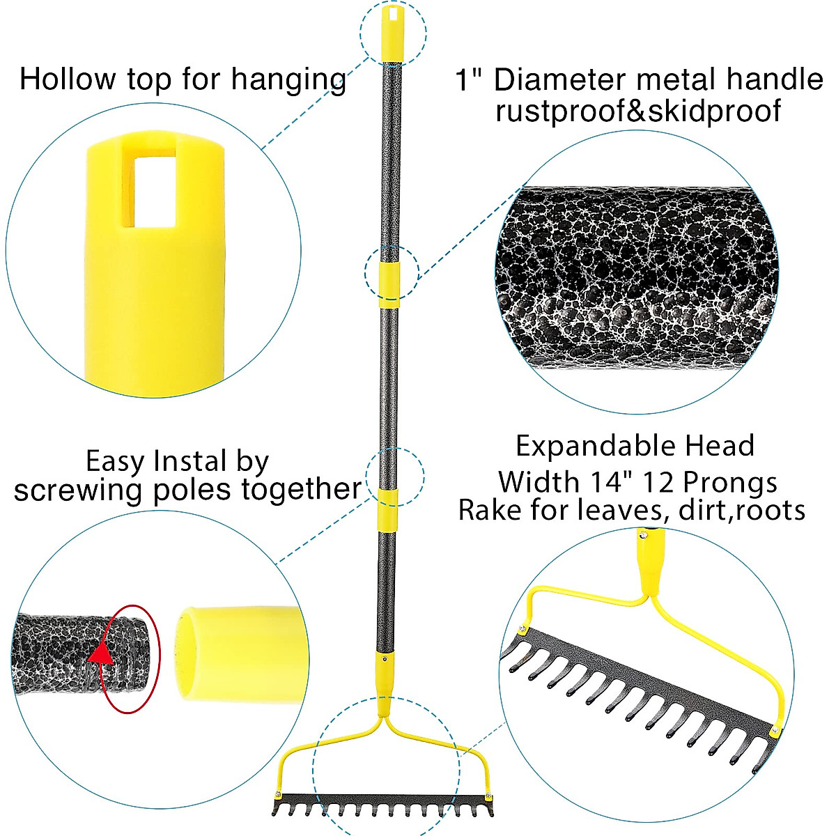 Garden Rake Metal, 12 Prongs 14" Wide Bow Rakes for Lawns Heavy Duty, Adjustable Rock Thatch Yard Rake for Leaves Gardening Loosening Soil Long Handle 32-60"