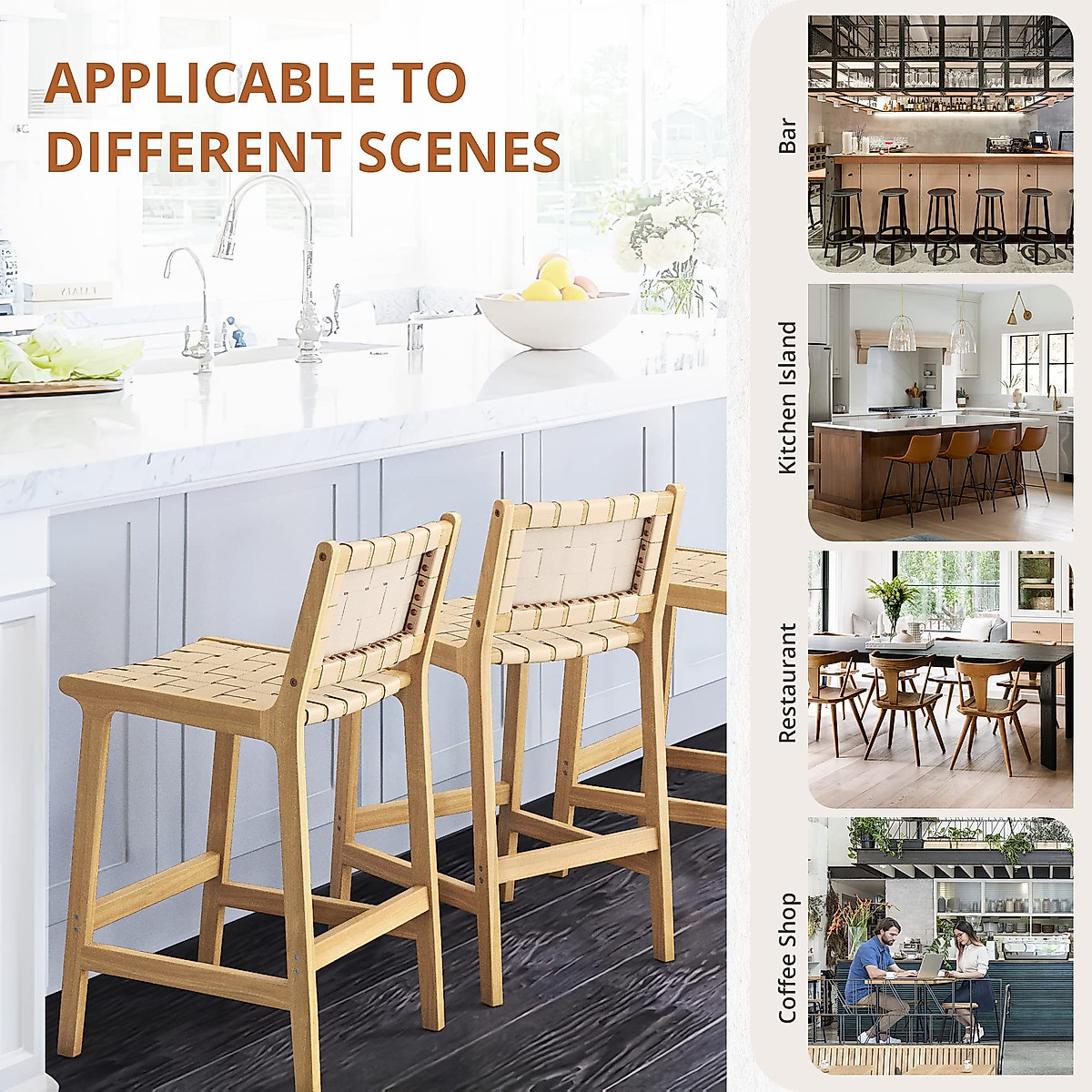 LUE BONA Counter Height Bar Stools 24inch, Set of 4 Faux Leather Woven Counter Stool with Backs, Woven Strips Rattan Barstools with Wood Legs for Home Kitchen, Deep Beige