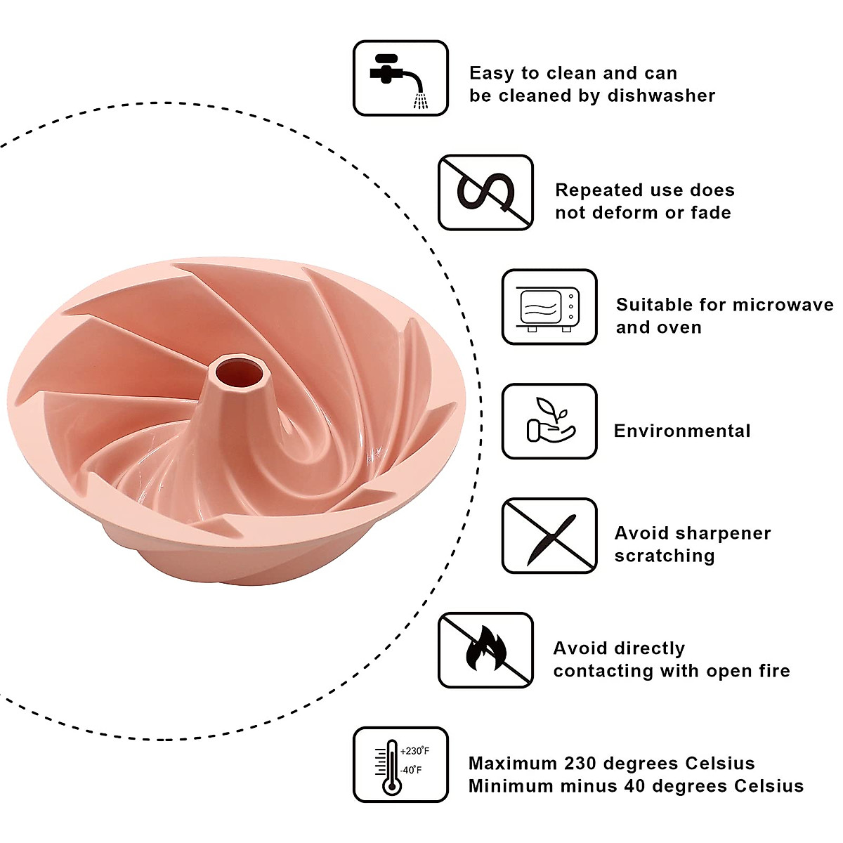 NEZART Silicone Cake Pans, Savarin Kitchen Cake Pans Mold, Non-stick Fluted Cake Pan with Spiral Design for Cake Jello Bread Birthday Party Perfect Bakeware for Cake, Jello, Gelatin, Bread