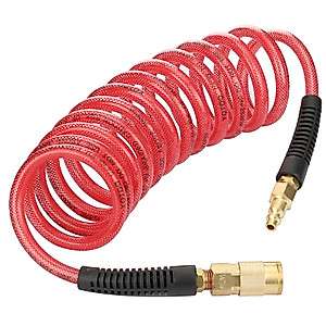 YOTOO Reinforced Polyurethane Recoil Air Hose 1/4" Inner Diameter by 10' Long, Heavy Duty, Flexible Air Compressor Hose with Bend Restrictor, 1/4" Swivel Industrial Quick Coupler and Plug, Red