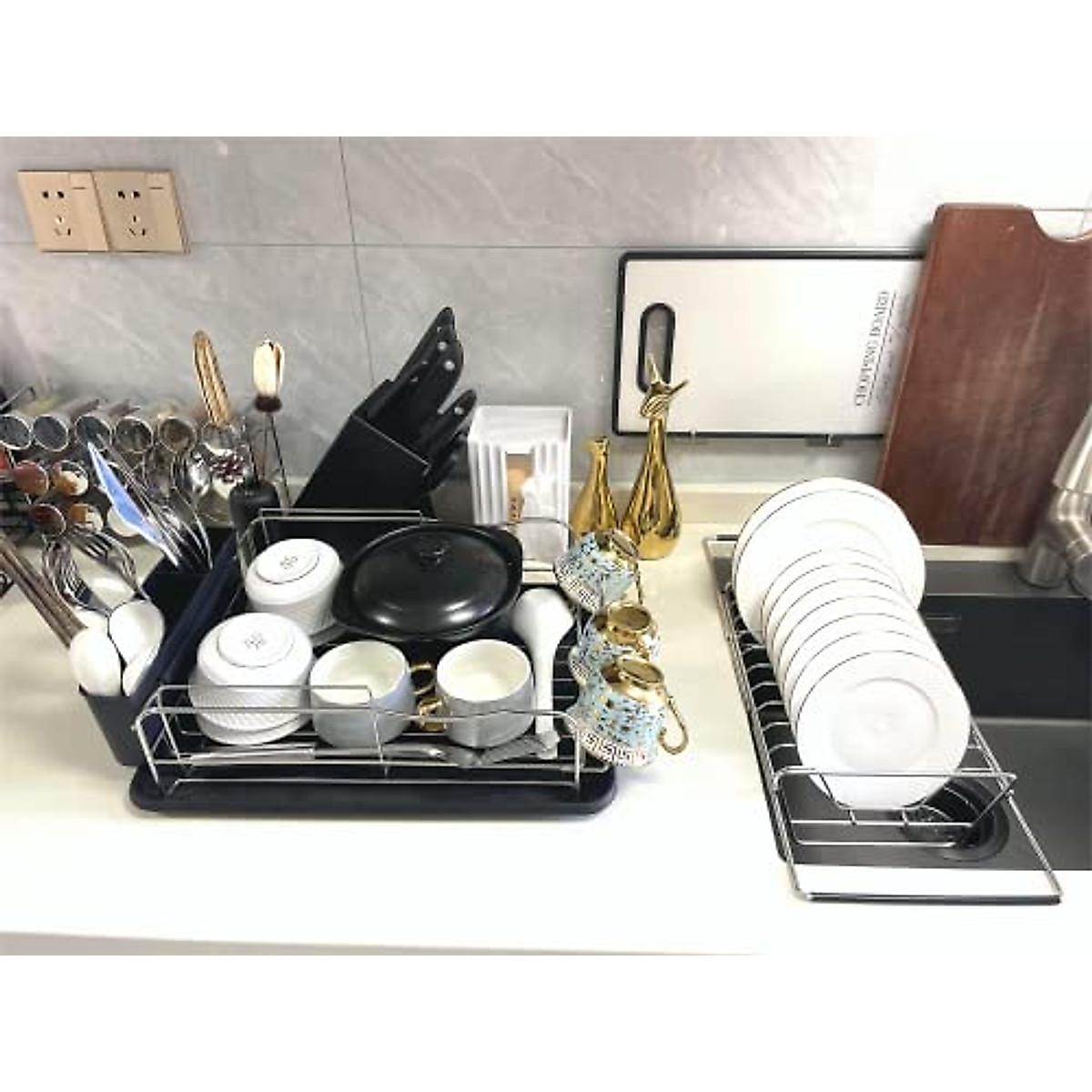 ETRENDS Dish Drying Rack Expandable Dish Racks for Kitchen Counter, 2-Tier Large Capacity Dish Rack Kitchen Sink Rust Proof Dish Drainer Drainboard Set with Utensil Holder(Stainless Steel)