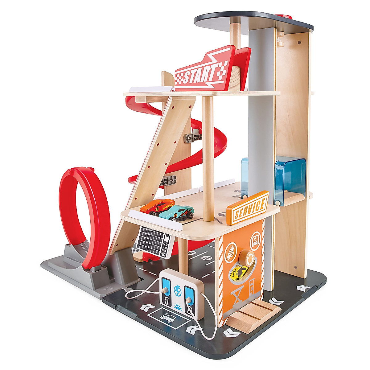 Hape Gearhead Stunt Garage Kids Wooden Toy Car Parking Garage Playset w/Elevator and 2 Exit Tracks, Detachable Loop, Includes 2 Wooden Toy Racecars