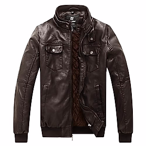 wantdo Men's Faux Leather Jacket Warm Winter Leather Coat with Removable Hood Dark Brown L