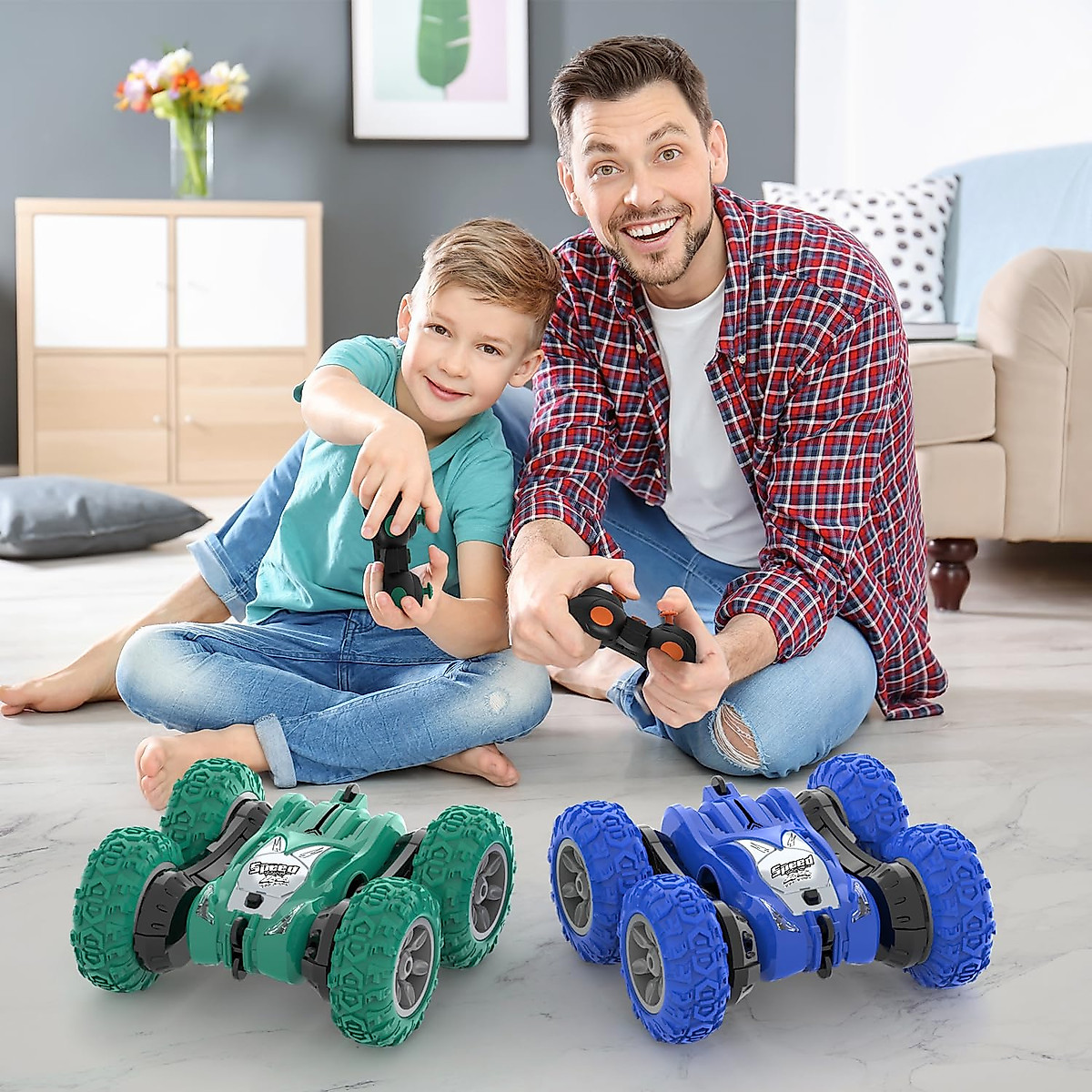 AFUNX Remote Control Car, RC Stunt Double Sided 360° Rolling Rotating Rotation Cars, High Speed Off Road Racing Truck for 6 7 8-12 Year Old Boy Kids Toy (Green)