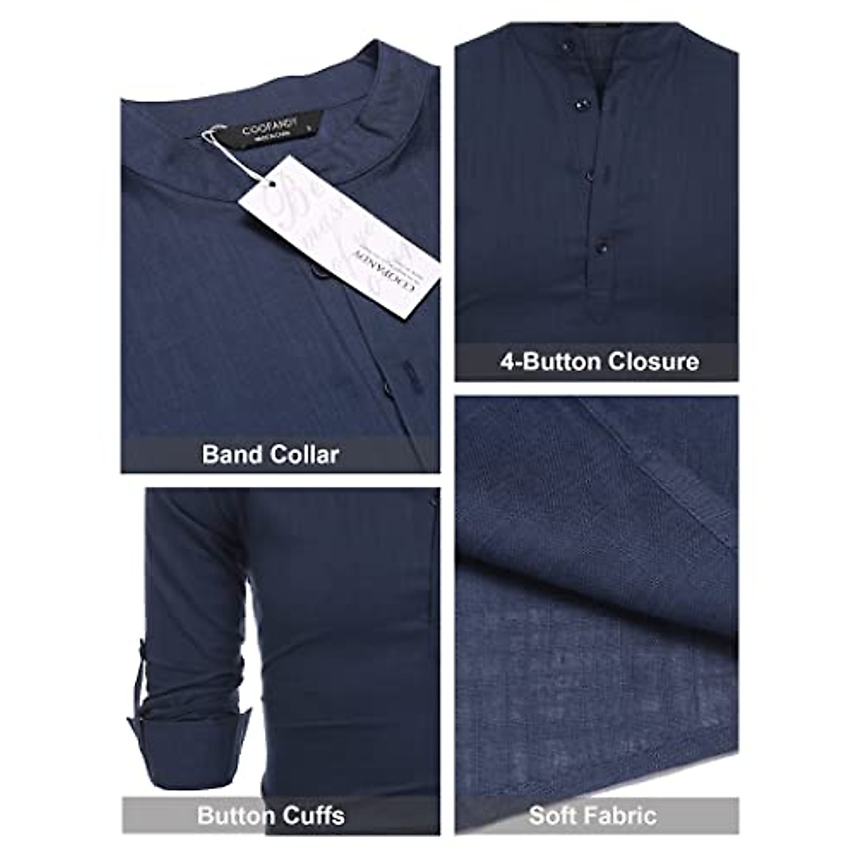 COOFANDY Mens Cotton Linen Henley Hippie Casual Beach T Shirt, Navy Blue, X-Large, Long Sleeve