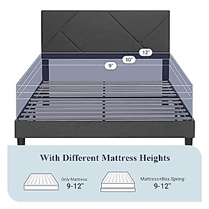 Allewie Queen Size Upholstered Bed Frame with Geometric Headboard, Heavy-Duty Platform Bed, No Box Spring Needed, Dark Grey