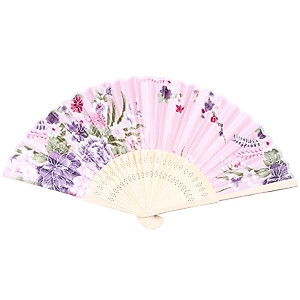 RAZZUM Bamboo Frame Fabric Pattern Dance Wedding Foldable Handbag Pink fan
