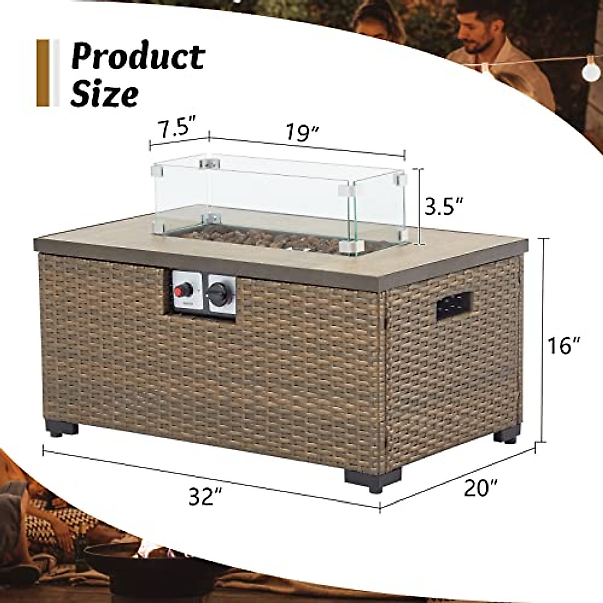 Patio Propane Fire Pit Table - 32 inch Outdoor PE Rattan Rectangle Tan Wicker Gas Fire Table with Ceramic Tile Tabletop, Glass Wind Guard for Outside, Garden, Backyard, Brown