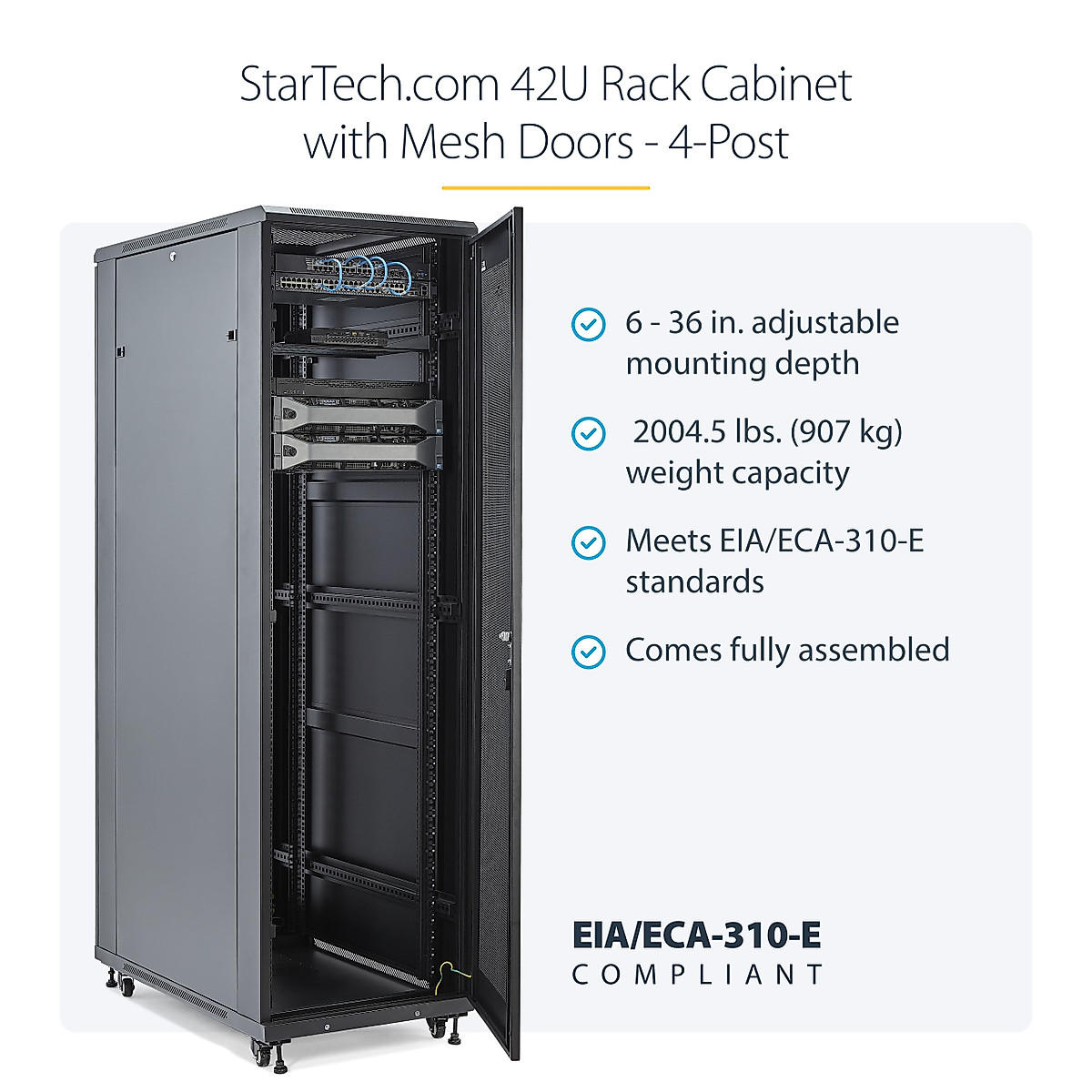 StarTech.com 4-Post 42U Server Rack Cabinet, 19" Data Rack Cabinet for IT Equipment Mount, Full Size Network Cabinet Storage