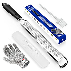 Sunivaca Lemon Zester Tool, Zester Grater with Handle, Citrus Zester, Parmesan Cheese Grater Handheld - Sharp Premium Stainless Steel Fine Blade Extra Long Size with HPPE Resistant Cut Glove