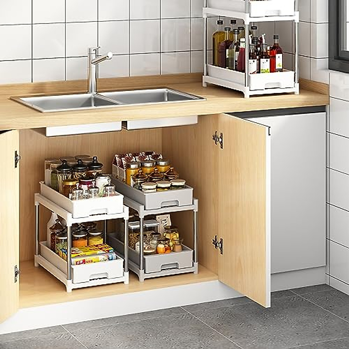 WYTENO 1-piece set pull-out under sink organizer, 2-layer sliding pull-out cabinet organizer, multi-purposeunder cabinet organizer bathroom, kitchen essentials, white