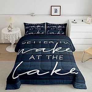 Lake Word Art Bedding Set Rustic Farmhouse Comforter Set for Kids Boys Girls Lake House Wooden Navy Blue Design Comforter Nautical Lake Quilt Room 3Pcs Full Size Boys