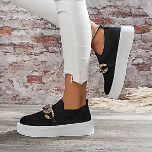 GUTZBSY New Mesh Metal Chain Low Top Fashion Sneakers,Womens Low Top Round Toe Fashion Flat Walking Shoes (Black,5)