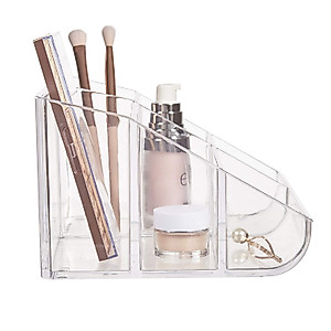 STORi Clear Plastic Vanity Makeup Organizer | 6-Compartment Holder for Brushes, Eyeshadow Palettes, & Beauty Supplies | Curved Front Design | Made in USA