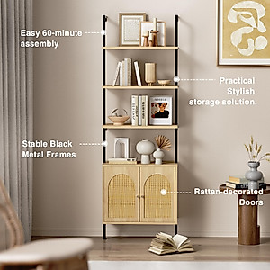 Ladder Bookshelf with Cabinet, 6 Tier Wall Mount Ladder Bookcase with Rattan Cabinet, Tall Open Ladder Shelf with Metal Frame for Living Room, Bathroom, Home Office, Natural