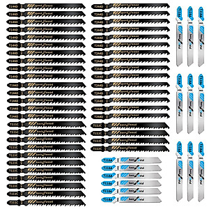 60Pcs Jigsaw Blades Set, Contractor Assorted T Shank Jig Saw Blades, Multi-Purpose HCS/HSS Saw Blades for Cutting Wood, Plastic, PVC and Metal (T144D, T244D, T111C, T118A, Each 15pieces)