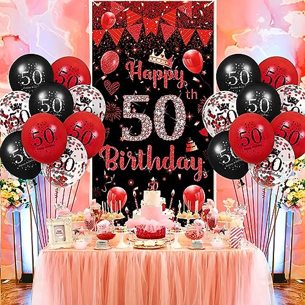Red 50th Birthday Party Decorations for Women Men Red Black Balloons Banner Supplies Happy 50th Birthday Banner and 18pcs 50th Birthday Balloons Set for 50 Years Old Birthday Anniversary Party Decor