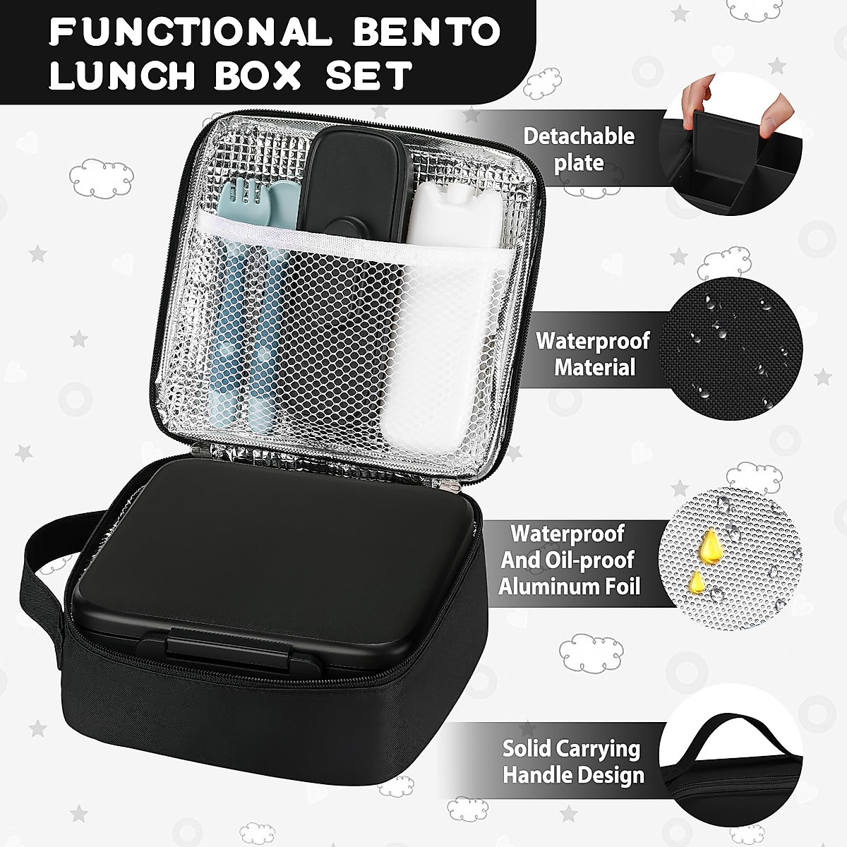 MAISON HUIS Kids Bento Lunch Box Set With 8oz Soup Thermo, Leakproof Lunch Containers with 5 Compartment, Thermo Hot Food Jar and Insulated Lunch Bag, BPA Free,Travel, School -Black