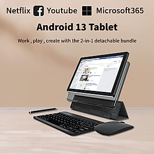TUOHAITIME 10inch Android13 Tablet, 8GB+64GB with Case, Keyboard, Mouse, Stylus, 1.8GHz Octa Core, 1280 * 800 HD Touch Screen, Dual Camera, Wi-Fi6, Bluetooth Tableta PC with Netflix