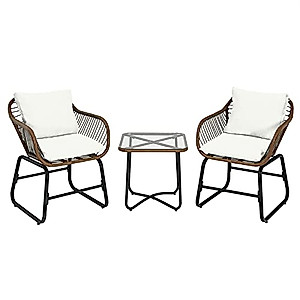 OBIOZZ Patio Furniture Set 3PCS Patio Rattan Bistro Set Cushioned Chair Glass Table Deck White Patio Set, Ideal for Your Backyard, Balcony, Garden for Backyard Porch