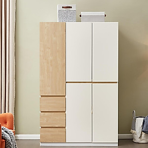 Idealcabin Closet Wardrobe 3 Doors White Wood Armoire Wardrobe Closet Cabinet with Hanging Rod 3 Drawers for Bedroom Armoires Tall Clothes Storage Closets(20.5" D x 47.2" W x 74.8" H)