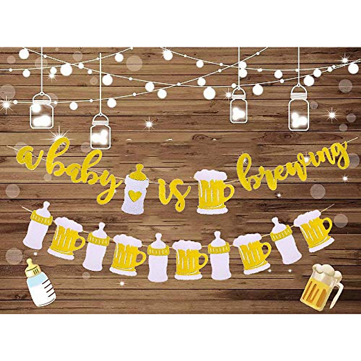 Set of 2 A Baby is Brewing Baby Shower Decorations Banner for Diaper Party Decor Gender Reveal Party Pregnancy Celebration Baby Brewing Sign with Beer Mug & Baby Bottle Design Pre-Strung