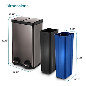 Home Zone Living 15.8 Gallon Kitchen Trash Can, Dual Removable Liners for Recycling and Trash, Wide Stainless Steel Shape, Black (7.9 + 7.9 for 15.8 Gallon Total)