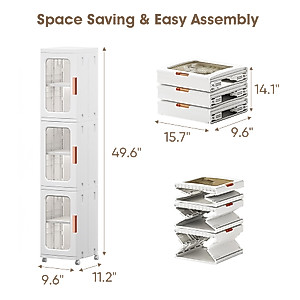 PIBEIBUK 3-Tiers Slim Bathroom Storage Cabinet, Plastic Narrow Storage Organizer with Doors and Shelves, Movable Waterproof Bathroom Floor Cabinet for Small Spaces, Kitchen, Laundry, Office, Bedroom