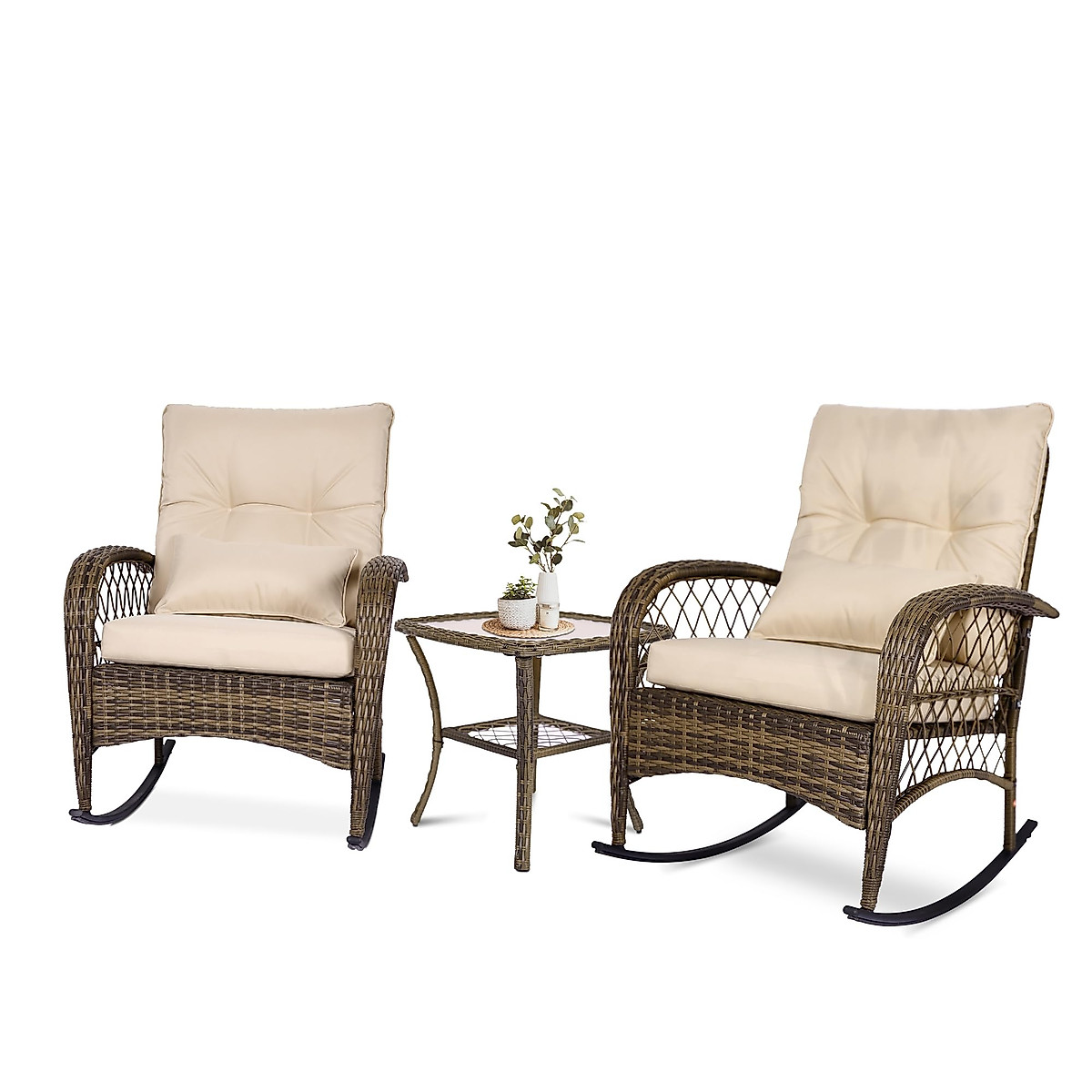 DECMICO Wicker Rocking Chair Set of 2, Patio Conversation Bistro Set, Rattan Outdoor Rocker Chairs with Cushions and Side Table, Wicker Porch Furniture for Backyard, Garden, Beige