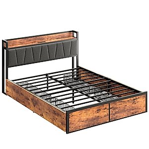 LIKIMIO Queen Bed Frame with 4 Storage Drawers, Platform Bed with Charged Headboard, Sturdy and Stable, No Noise, No Box Spring Needed, Easy to Install, Vintage Brown and Gray