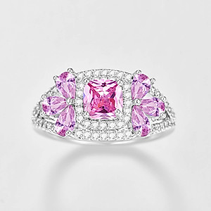 Narica Silver Plated Created Pink Topaz CZ Cubic Zirconia Filled Eternity Halo Cocktail Party Wedding Engagement Promise Band Elegant Women's Petal Flower Ring for Mom Bridal Lover 9#