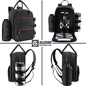 ALLCAMP OUTDOOR GEAR Picnic Backpack for 2 Person Set W/Detachable Bottle/Wine Holder, Fleece Blanket, Plates and Cutlery Set (Black)
