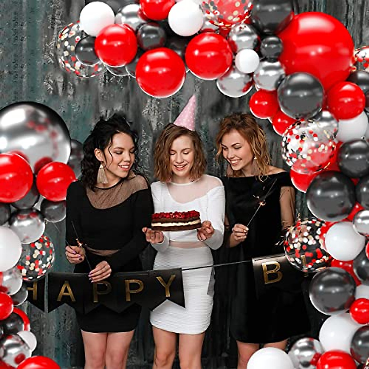 Black and Red Balloon Garland Kit Red Black White Metallic Silver Confetti Balloons Arch for Baby Shower Graduation Circus Pirate Birthday Party Decorations