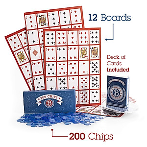 MBGBrybelly Po-ke-no + Expansion Cards Bundle for 24 Players - 24 Unique Jumbo Index Game Boards, 400 Chips and Deck of Playing Cards - Pokeno Family Casino Board Game Night Gift Set