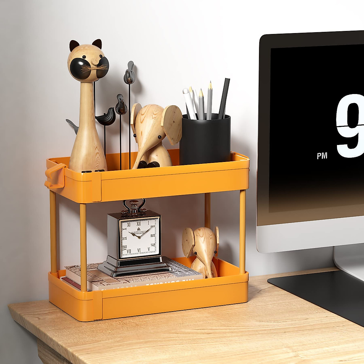 Boeeoan Under Sink Organizers Storage Rack,2 Tier Bathroom Under Sink Shelf Basket with Hooks, Under Kitchen Sink Shelf Multi-purpose, White