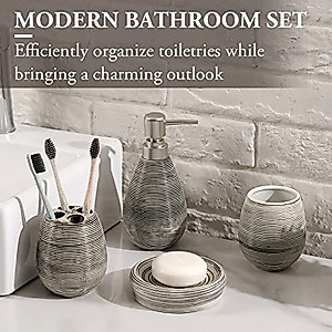 MyGift 4 Piece Textured Ceramic Brown Bathroom Accessory Set Includes Soap Dish, Dispenser, Toothbrush Holder and Tumbler