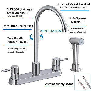 3 or 4 Hole Brushed Nickel Kitchen Faucet, 2 Handle Kitchen Sink Faucet with Side Sprayer, Lead-Free 360 Swivel High Arc Stainless Steel Commercial Kitchen Faucet for Rv Laundry Farmhouse Bar Sink