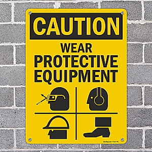 SmartSign 24 x 18 inch “Caution - Wear Protective Equipment” OSHA Metal Sign, 80 mil Laminated Rustproof Aluminum, Black and Yellow
