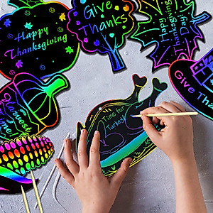 60PCS Thanksgiving Rainbow Scratch Art, Fall Paper Crafts for Kids, Thanksgiving Day Pumpkin Maple Turkey Hanging Ornament Decorations, Art Craft Supplies for Home Tree Classroom Decor