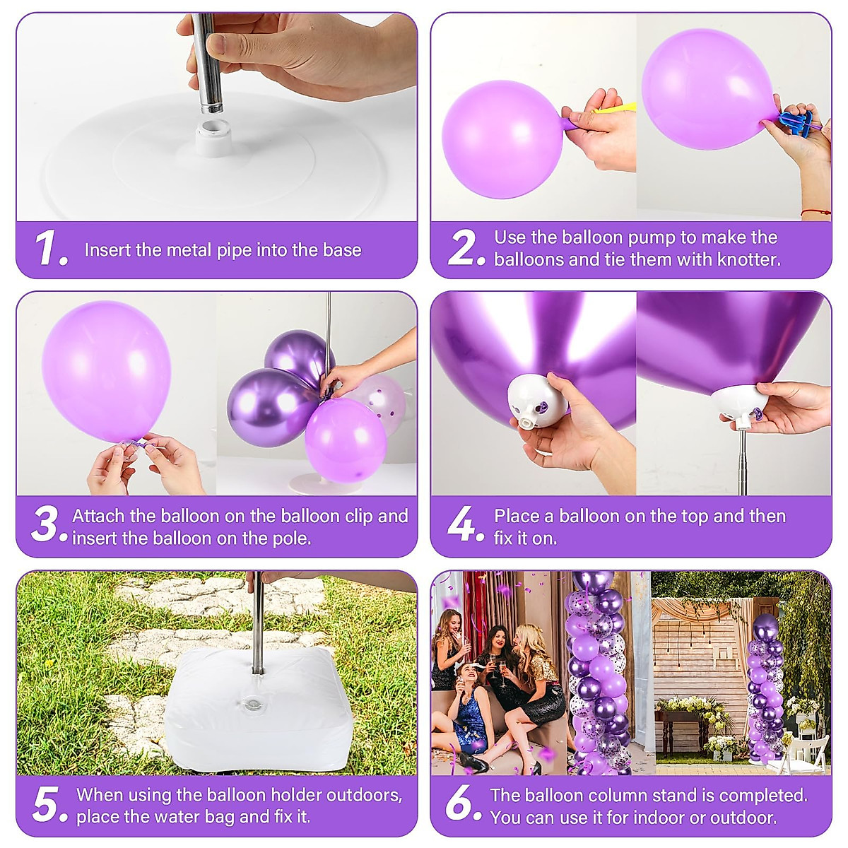 2 Sets Purple Balloon Column Stand Kit with 100 Balloons Lavender Adjustable Balloon Tower Stand with Bases for Floor Purple Confetti Balloon Column Kit for Christmas Birthday Wedding Thanksgiving
