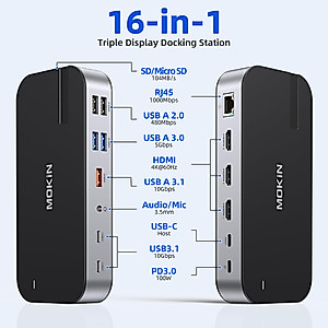 MOKiN Laptop Docking Station,16 in 1 Docking Station USB C Dock Triple Monitor,USB C Docking Station with 3 HDMI,PD 100W, USB 3.1/3.0/2.0,RJ 45 Ethernet,SD/TF,Audio for Dell/HP/Lenovo,Matte Black