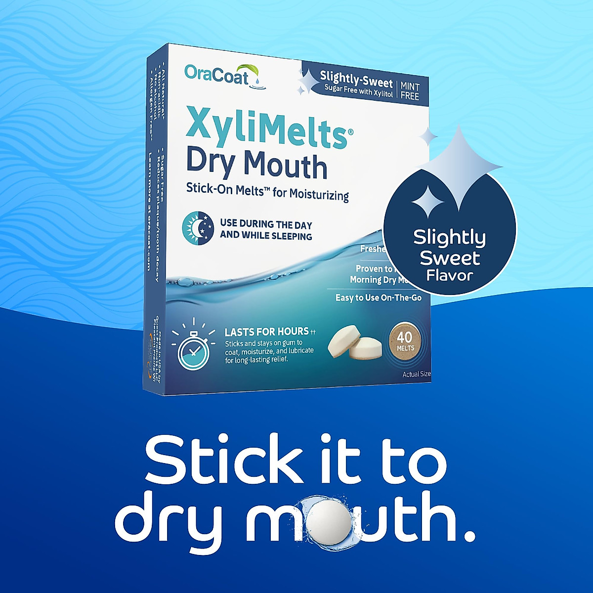 Oracoat XyliMelts Dry Mouth Relief Moisturizing Oral Adhering Discs 40 Count, Slightly-Sweet with Xylitol, for Dry Mouth, Stimulates Saliva