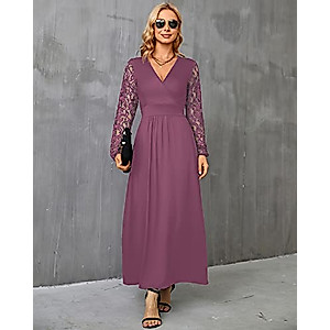 PYGFEMR Women's Lace Long Sleeve Maxi Dress V Neck Wrap Waist Maxi Dresses with Pockets 2022 New Mauve L