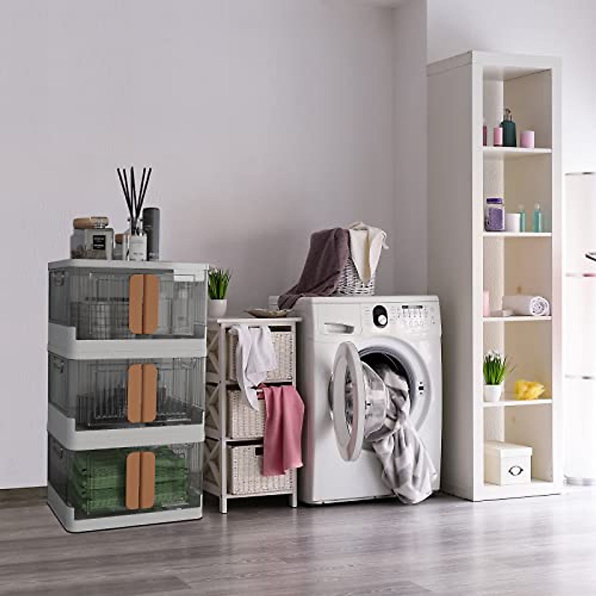 Golbsart Collapsible Storage Bins with Lids, 34 Qt (Pack of 2) Plasic Storage Boxes with Lids,Stackable Totes for Storage with Double Doors & Secure Buckle